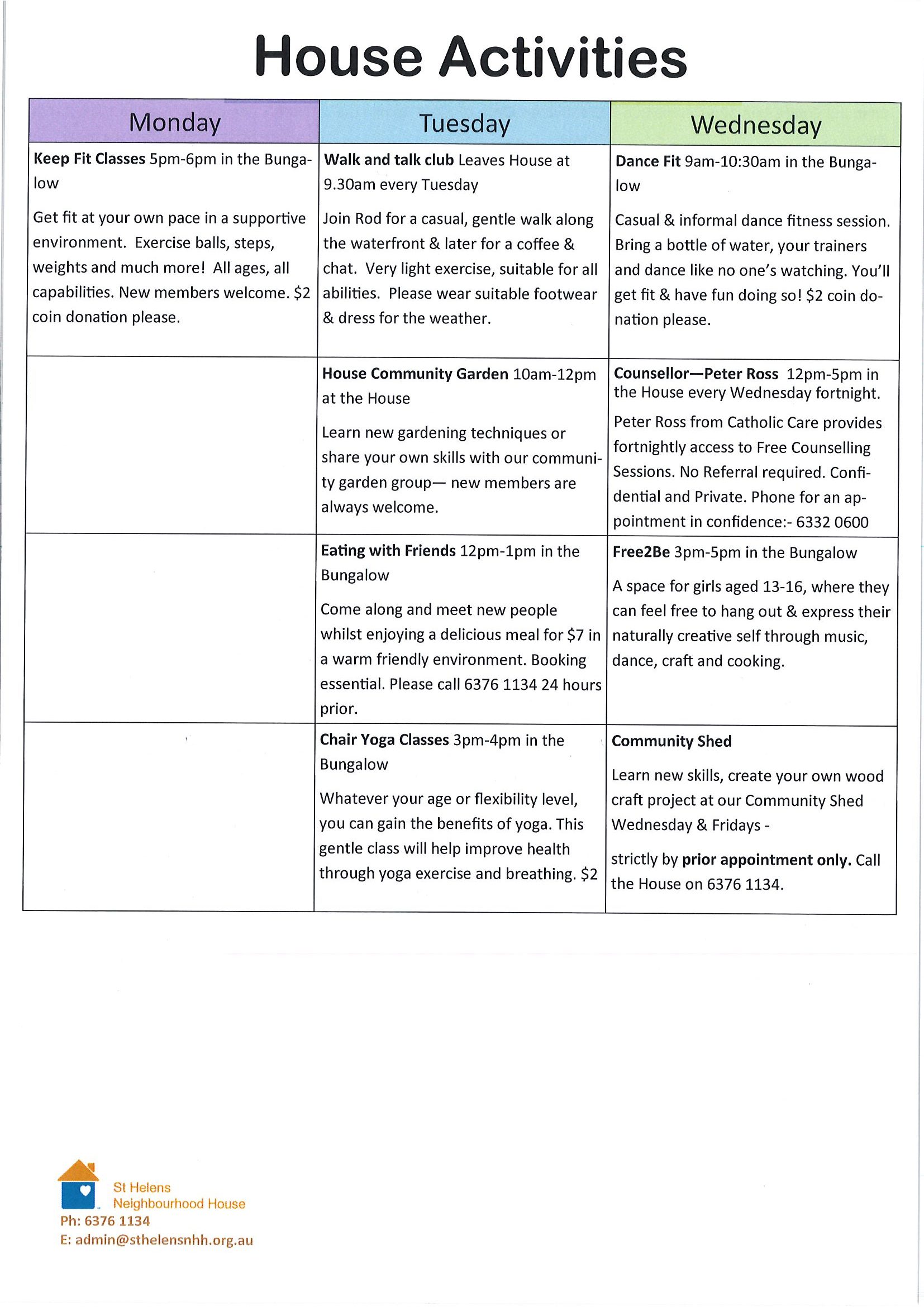 Weekly Programs/Activities List – St Helens Neighbourhood House