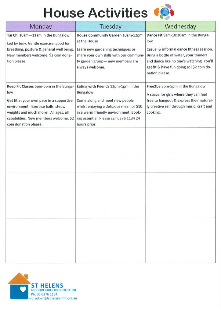 Weekly Programs/Activities List – St Helens Neighbourhood House